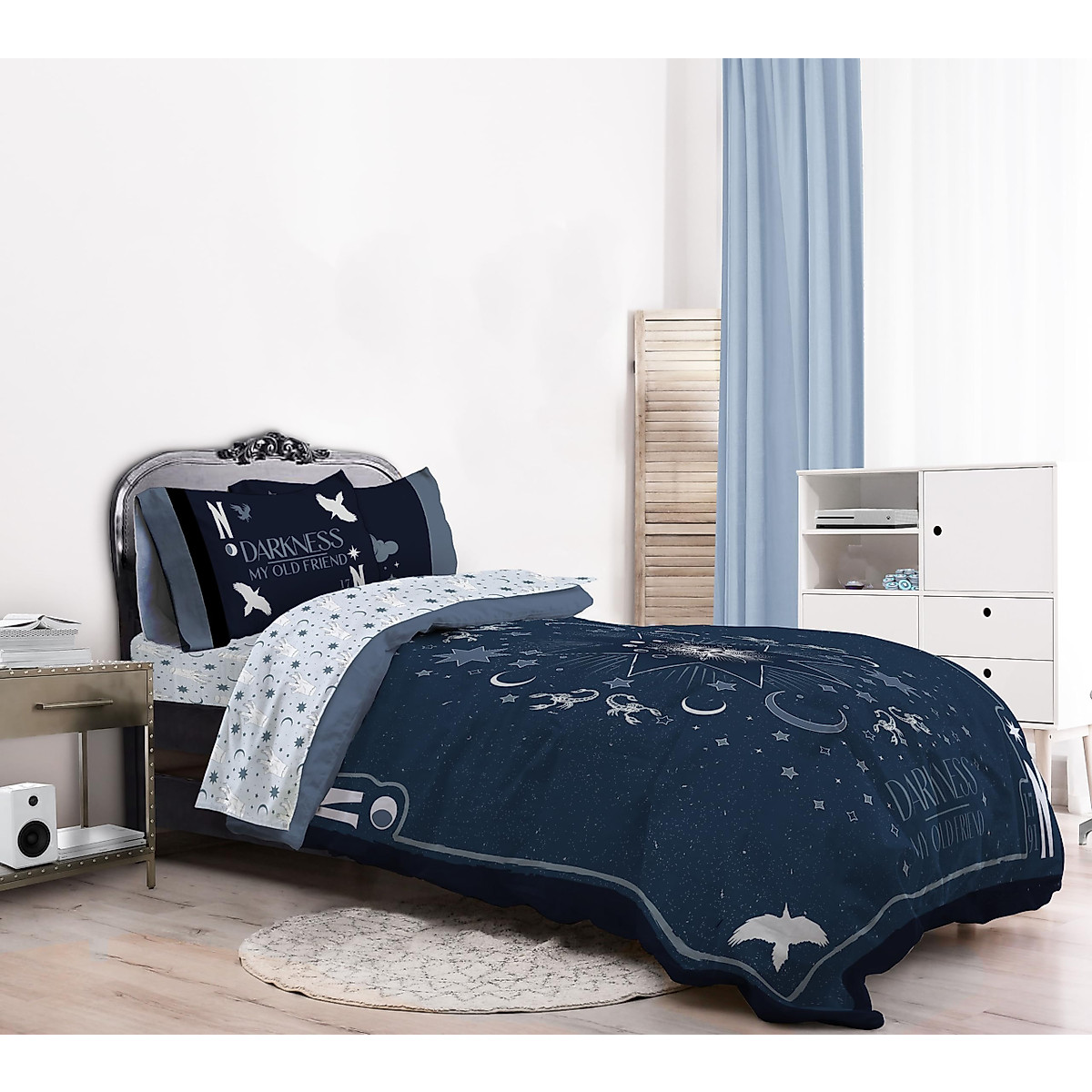 Jay Franco Wednesday Addams Twin Size Comforter Set - 5 Piece Bedding Includes Sheet Set & Pillow Covers - Blue Stars Super Soft Cozy Bedding