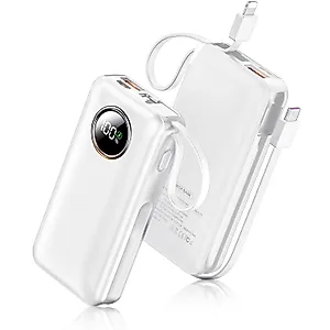 Portable-Charger-Power-Bank - 15000mAh PD 30W Power Bank, Built in Type-C(30W) and iOS(20W) Output Cables LED Display for iPhone and Android Phones and Most Electronic Devices(White)