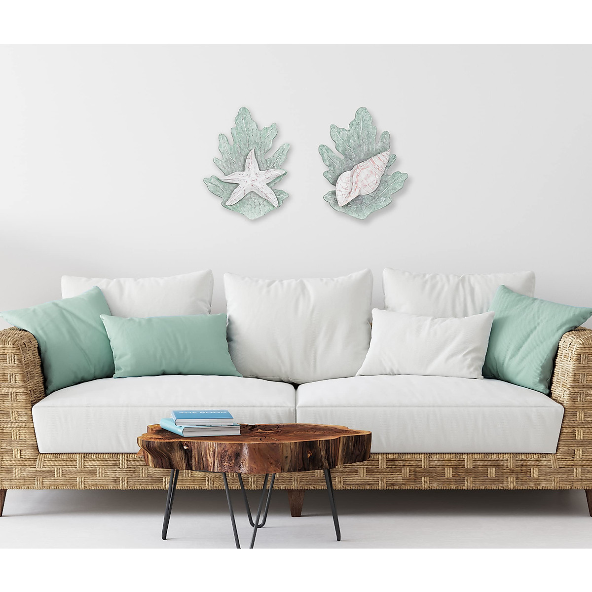 T.I. Design Hand-Carved Wood Starfish and Turban Shell on Reef | Coastal Seashells Beach Wall Decor Set of 2