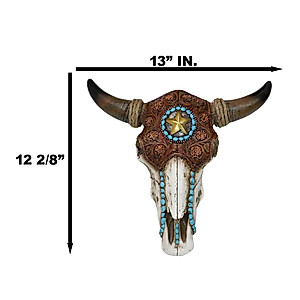 Ebros 13.25" Wide Western Star Tooled Leather Steer Bison Buffalo Bull Cow Horned Skull Head With Turquoise Beads Wall Mount Decor Replica Native Animal Totem Bust Skulls Hanging Plaque Sculpture