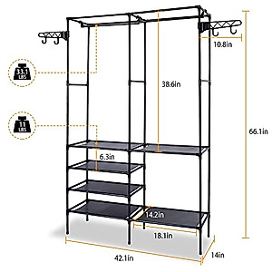 KOCASO Garment Rack,Clothes Rack Shoe Clothing Organizer Shelves,Freestanding Clothes Wardrobe with 2 Hanging Rods & 360° Roatation Hooks,Coated Iron Frame,66.1x42.1x14.2in,Load Capacity 350lbs