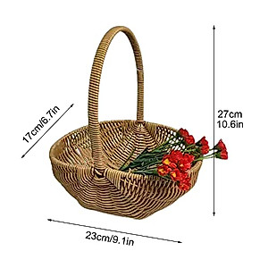 Takefuns Rattan Flower Basket, Hand-Woven Wicker Storage Basket with Handle, Handbasket Storage Box Picnic Petal Basket for Home Wedding Garden Decoration (Style 3)