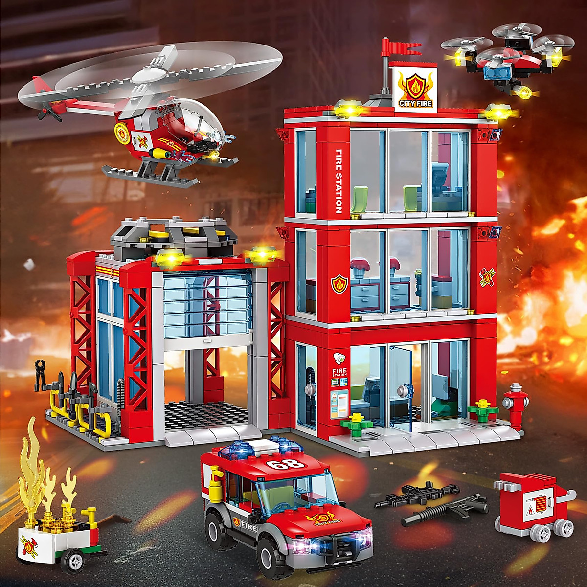 WishaLife City Fire Station Building Blocks Set, Fire Truck, Helicopter, Drone, Rescue Gear, Fire Command Center Playset, Firefighters Roleplay Toy Gifts for Kids Boys Girls Ages 6+ (744 Pieces)