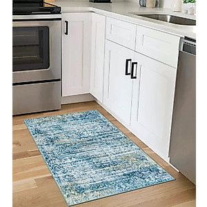 Uphome Abstract Area Rug 2x3, Blue Washable Non-Slip Bathroom Rugs, Small Soft Farmhouse Distressed Entryway Rug, Vintage Low Pile Indoor Throw Rug for Kitchen Bedroom Entrance