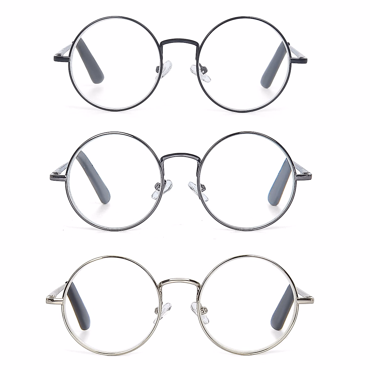 EYE ZOOM 3 Pack Metal Frame Round Reading Glasses with Spring Hinge (Black, Silver and Gunmetal, +2.00 Strength)