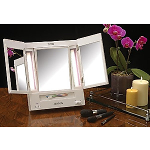 JERDON Tri-Fold Two-Sided Makeup Mirror with Lights - Vanity Mirror with 5X Magnification & Multiple Light Settings - White Base - Model JGL9W