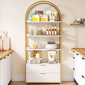 Tribesigns 4-Tier Bookshelf with 2 Drawers, 74.80”H Tall Bookcase 4 Display Shelf Small Place, Free Standing Multipurpose Storage Rack Etagere Book Shelves Tower, Home Office, White, Gold