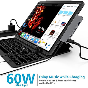 iPad Pro USB C Hub, 4K 60Hz HDMI 7-in-1 Adapter for iPad Pro M2 12.9 11 inch iPad Air 5 Docking Station, USB-C PD, SD/TF Card Reader, USB 3.0, 3.5mm Headphone Jack, iPad Mini 6 Accessories