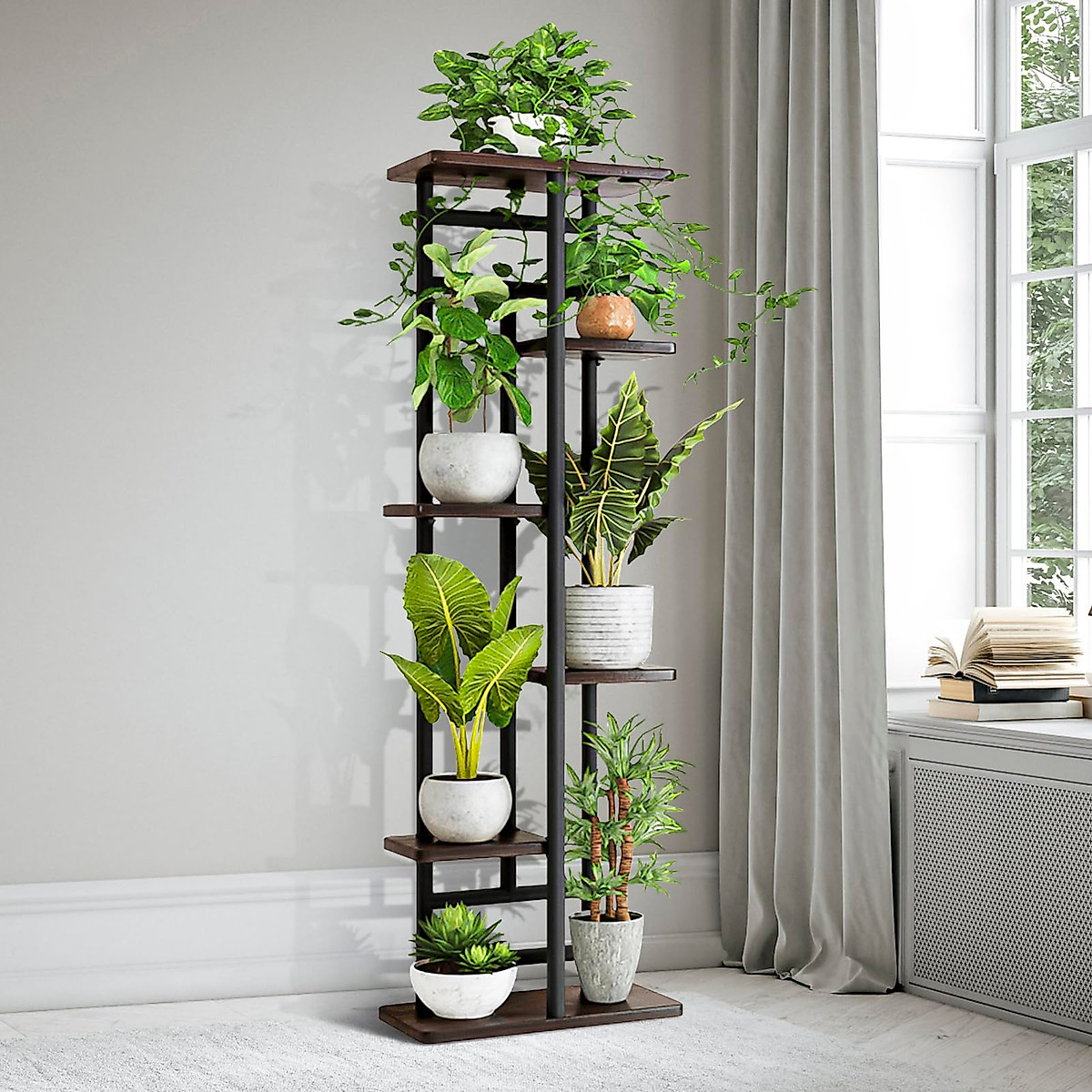 6 Tier 7 Potted Wood Tall Plant Stand Metal Rack Indoor, YOCOMEY Multiple Flower Pot Holder Shelves Corner Rack, Planter Shelf Display Rack Storage Organizer for Patio Living Room Balcony