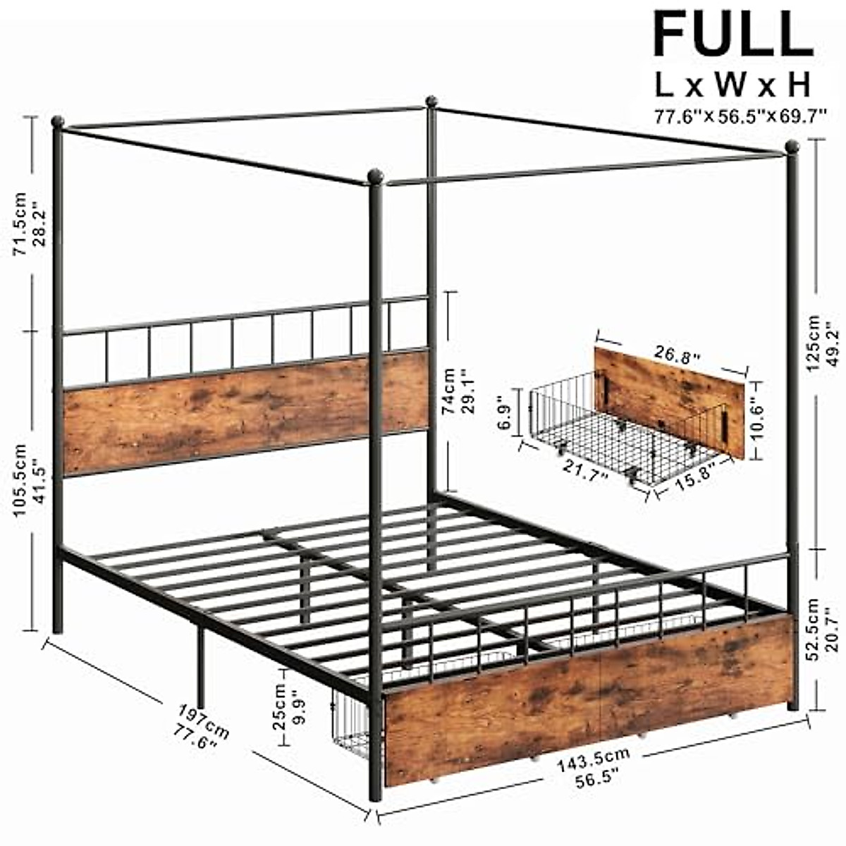 LIKIMIO Canopy Bed Frame Full with Wooden Headboard and Drawer, Full Size Bed Frame with 4 Removable Sturdy Posts, Noise Free, No Box Spring Needed, Vintage Brown