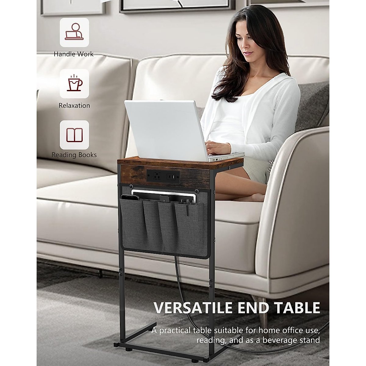 Evermagin C Shaped End Table with Charging Station, Small Side Table for Recliner, Over Couch Table with Outlet and Storage Bag, Slide Under Sofa Tray Table for Living Room, Bedroom, Rustic Brown