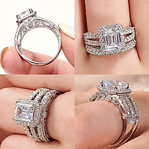 Wuziwen 4 Carat Emerald Cut Sterling Silver Engagement Rings Wedding Ring Set for Women CZ Size 8