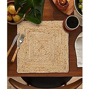 Hausattire Jute Braided Placemats 14x14 Inches - Natural, Farmhouse Reversible Woven Boho Mats for Kitchen & Dining Table (Set of 4)