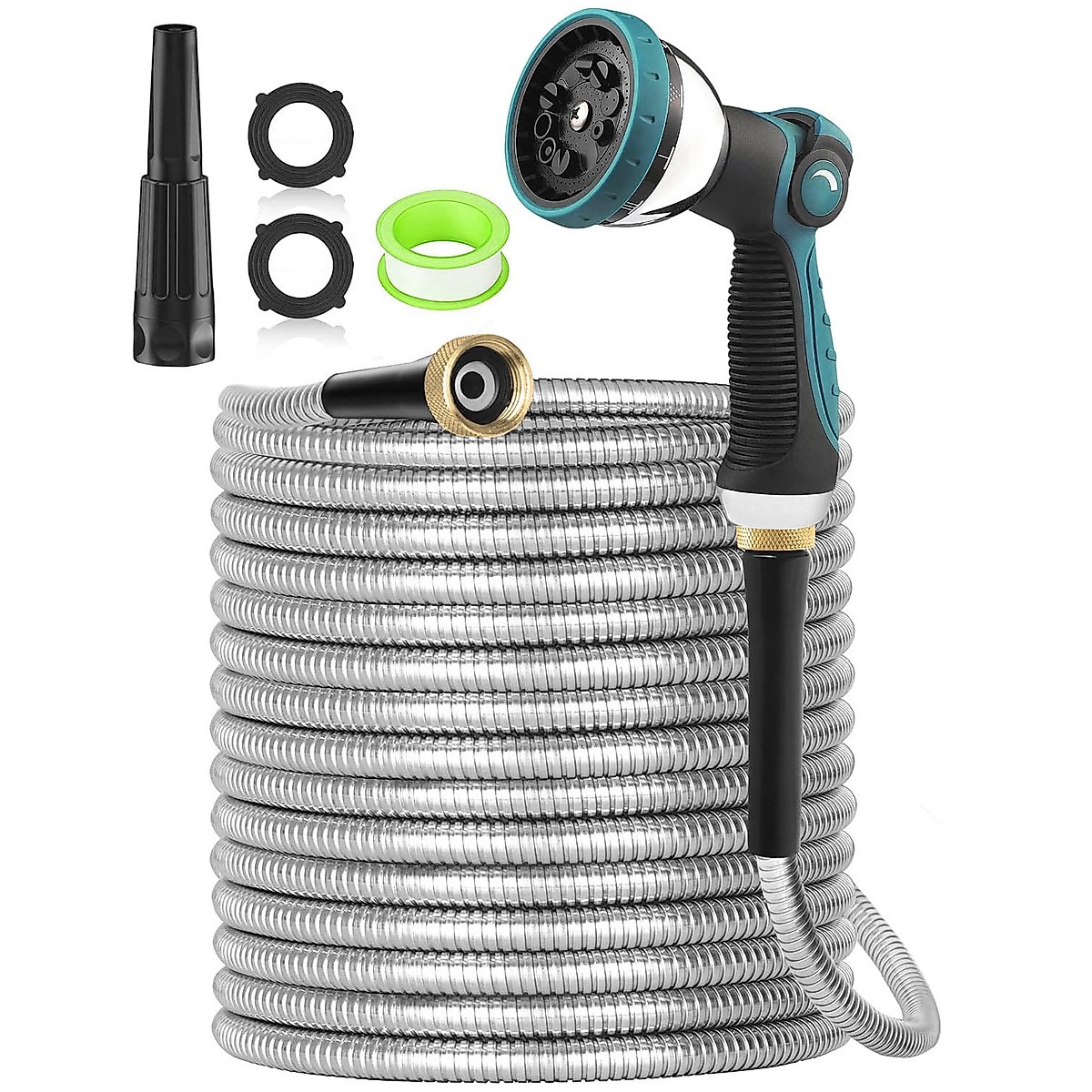 Stainless Steel Garden Hose, 50ft Heavy Duty Metal Water Hose with 10-Mode Water Gun & 6 Pattern Spray Nozzle, Flexible, Leak Proof, No Kink, Puncture Resistant for Yard, Outdoors, Rv