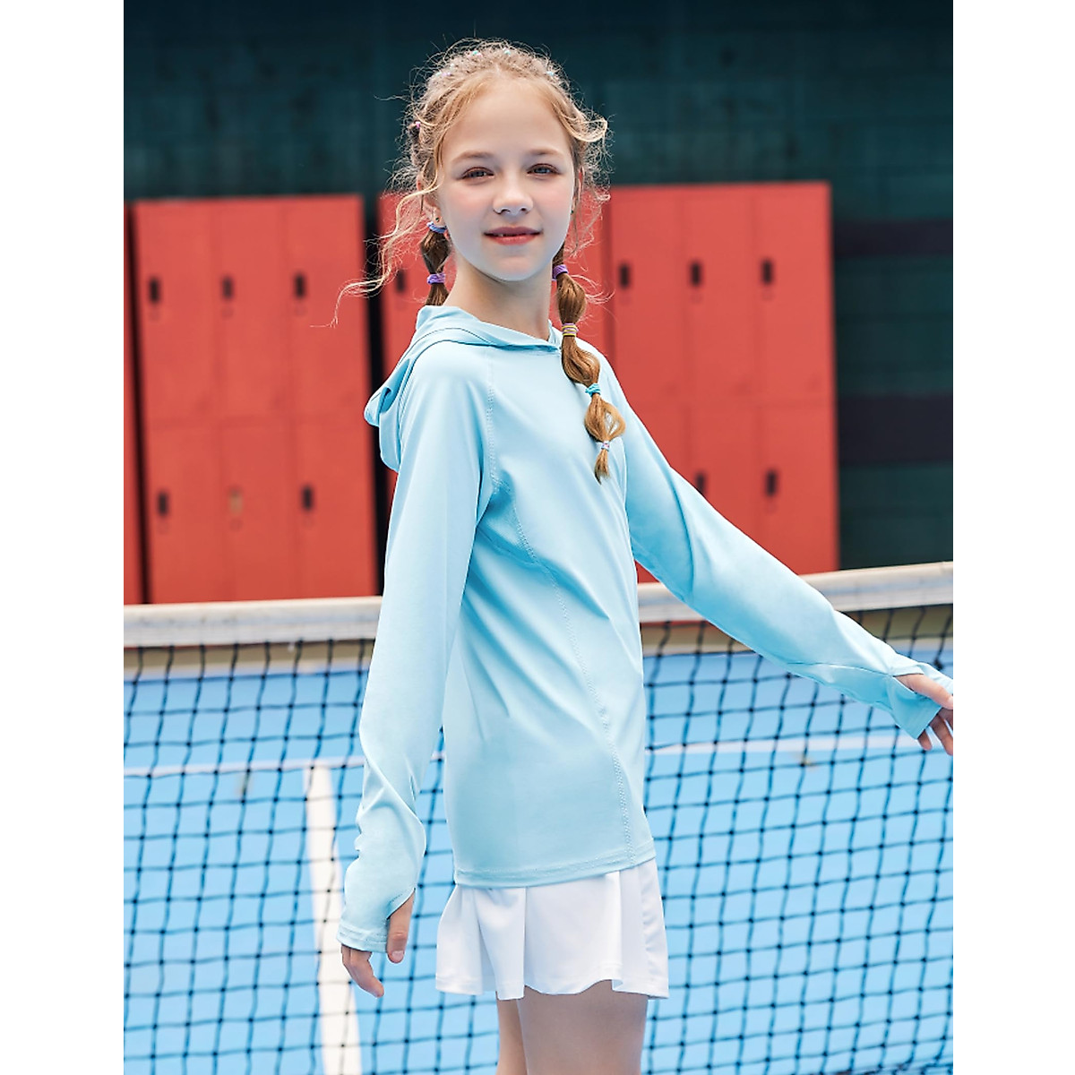 Zaclotre Kids UPF50+ Sun Shirt Girls Quick Dry Fit Sun Protection Clothing Athletic Hoodie with Thumbholes Blue