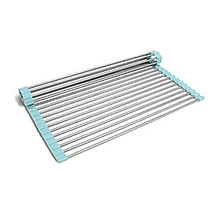 COOK WITH COLOR Roll Up Dish Rack- Over The Sink Mat for Drying Dishes - Silicone Wrapped Stainless Steel Rods (15" x 17.5") - Versatile Roll Up Trivet & Dish Drying Rack for Kitchen