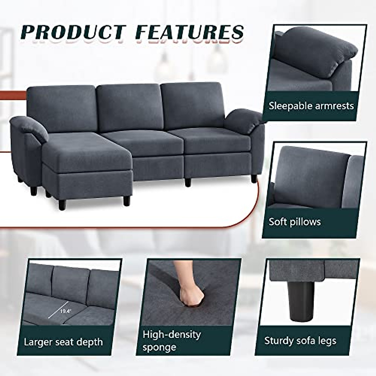 Vongrasig 79" Convertible Sectional Sofa Couch, 3 Seat L Shaped Sofa with Removable Pillows Linen Fabric Small Couch Mid Century for Living Room, Apartment and Office (Gray)