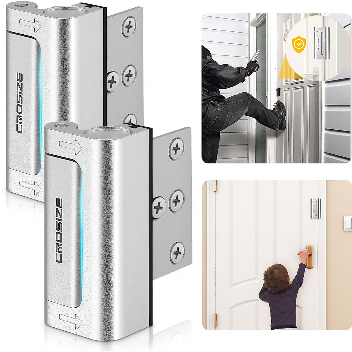 Home Security Door Locks 2 Pack, Metal Door Reinforcement Lock, 3" Withstands 800 lbs of Impact for Inward Swing Doors, Defender Security Door Lock, Prevent Unauthorized Entry (Silver)