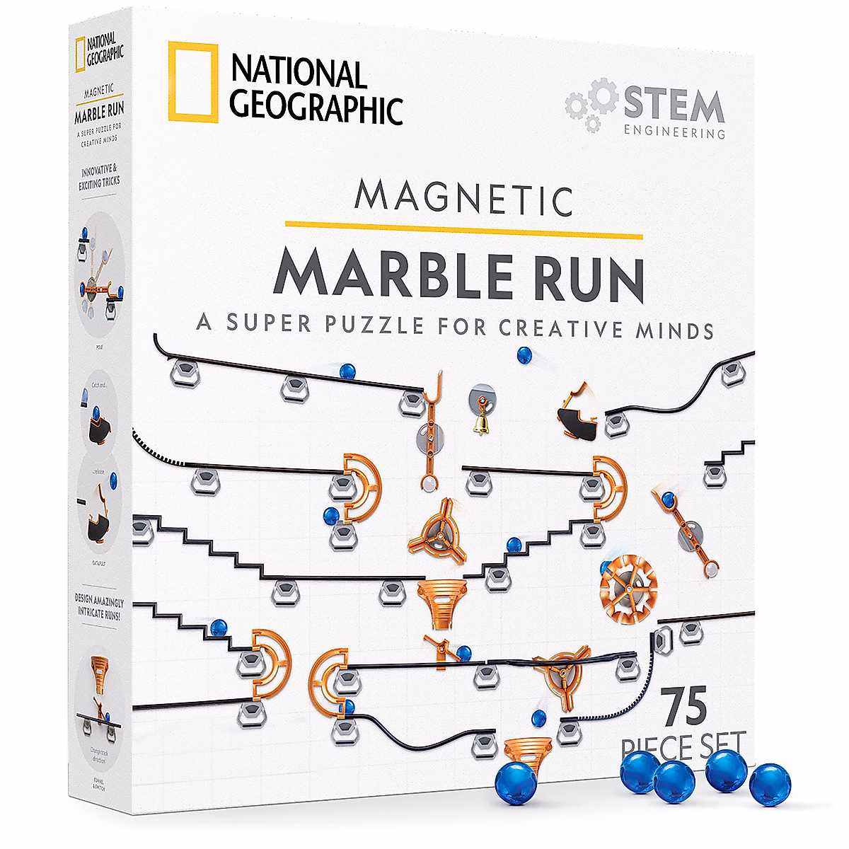 NATIONAL GEOGRAPHIC Magnetic Marble Run - 75-Piece STEM Building Set for Kids & Adults with Magnetic Track & Trick Pieces & Marbles for Building A Marble Maze, STEM Project (Amazon Exclusive)