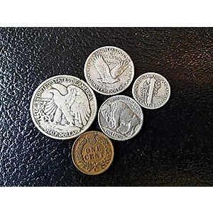 Old U.S. Silver Coins 5 Coin Collection Set - Indian Head Cent, Buffalo Nickel, Mercury Dime, Standing Liberty Quarter, Walking Liberty Half Dollar Various Mint Marks Fine and Better