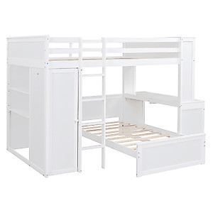 SOFTSEA L-Shaped Loft Bunk Bed for Kids Teens Full Over Twin Bunk Bed with Desk Wardrobe, Storage and Stand-Alone Bed, Full Loft Bed and Twin Platform Bed Set, No Box Spring Needed