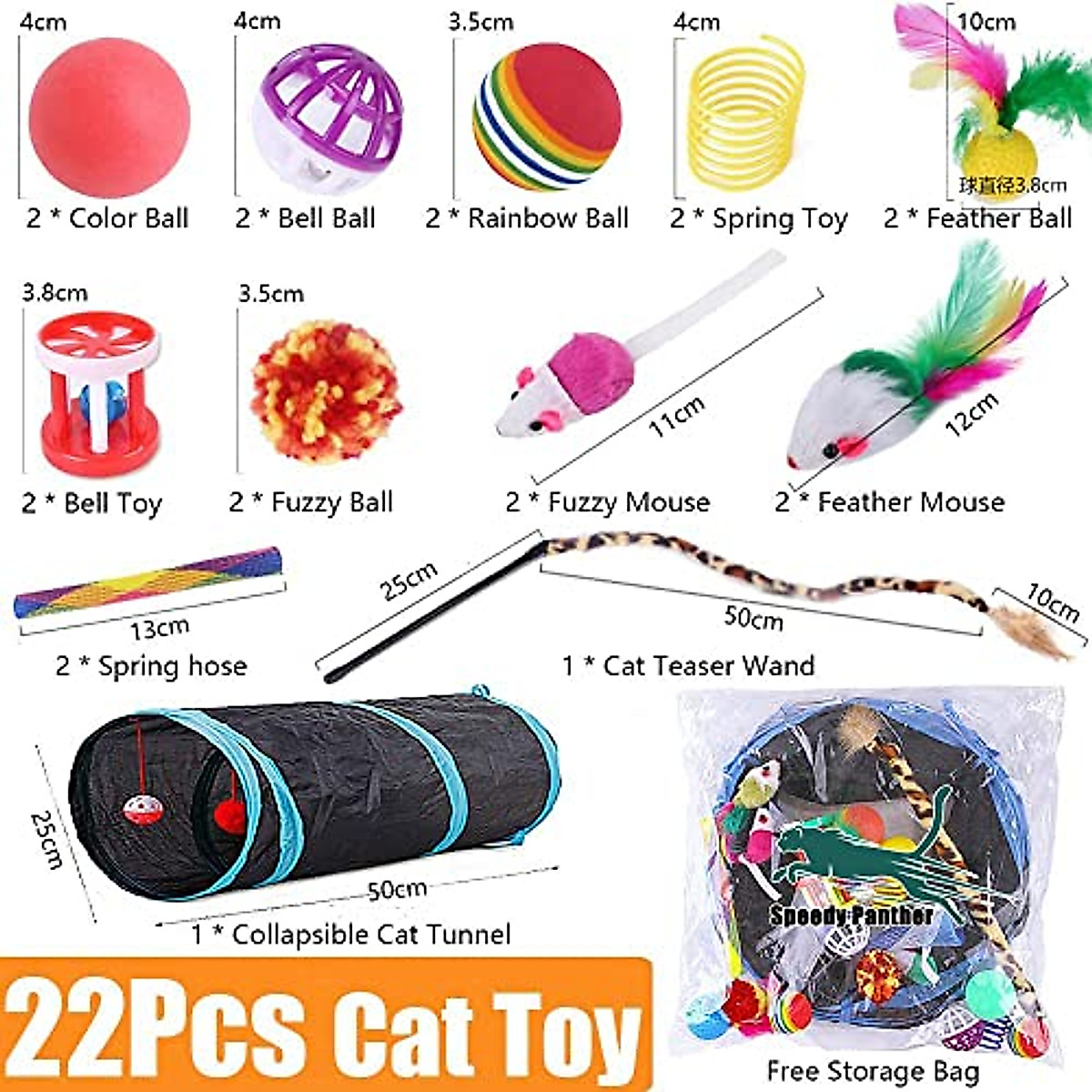 22 Pcs Cat Toys for Indoor Cats Kitten, Cat Tunnel Mouse Toy, Kitten Toys Cat Feather Teaser Wand Spring Toy