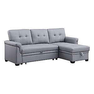 BOWERY HILL Gray Vegan Faux Leather Reversible Sleeper Sofa with Storage Chaise