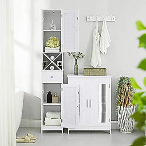 VASAGLE Bathroom Tall Cabinet, Freestanding Storage Cabinet with Shutter Doors, Drawer, and Removable X-Shaped Stand, 11.8 x 12.6 x 66.9 Inches, Scandinavian Style, White UBBC69WT