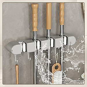 Multifunctional Mop Holder with Hook, 2024 New Punch Free Mop and Broom Holder Wall Mount Broom Rack, Broom Organizer Storage Tool Racks Heavy Duty Self Adhesive Mop Holder Wall Mounted (White)