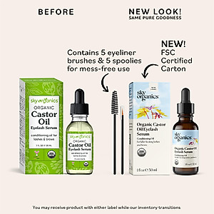 Sky Organics Organic Castor Oil Eyelash Serum for Lashes & Brows, 100% Pure & Cold-Pressed USDA Certified Organic to Strengthen, Moisturize & Condition, 1 fl. Oz
