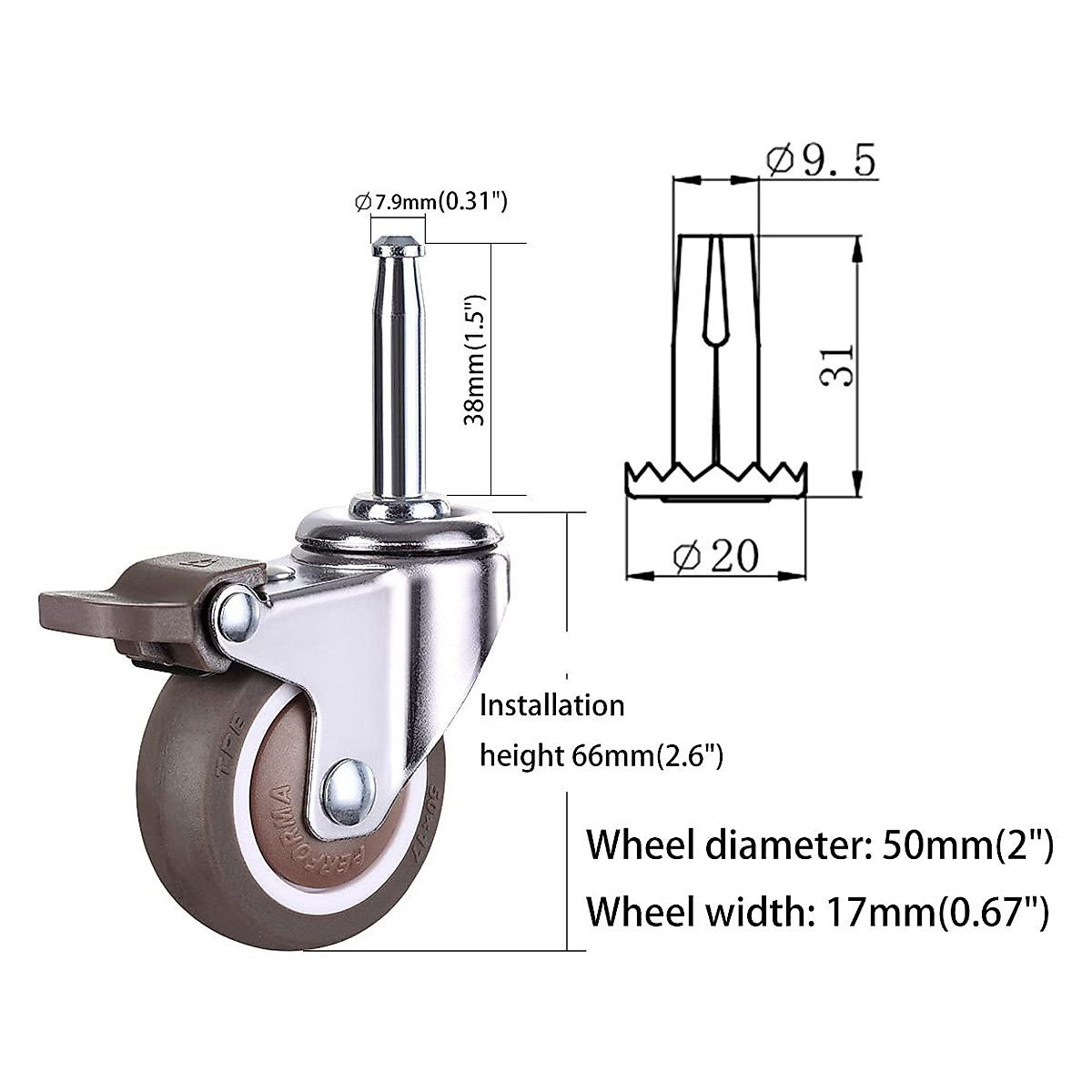NERILEE 2 Inch Rubber Caster Wheel Set of 4(2 with Brakes & 2 Without) with 5/16" x 1-1/2" (8 x 38mm) Stem Sockets, for Furniture Crib Trolley Dining Car Casters