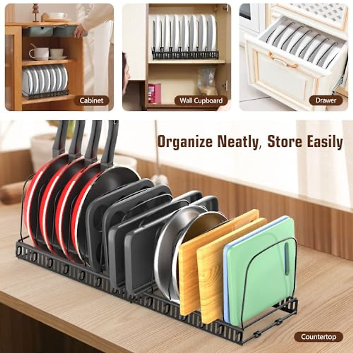 Housolution Cutting Board Organizer Rack, Expandable Baking Tray and Cookie Sheet Organizer with 14 Adjustable Dividers, Bakeware Muffin Tin Cupcake Pan Storage Organizer for Cabinet, Black