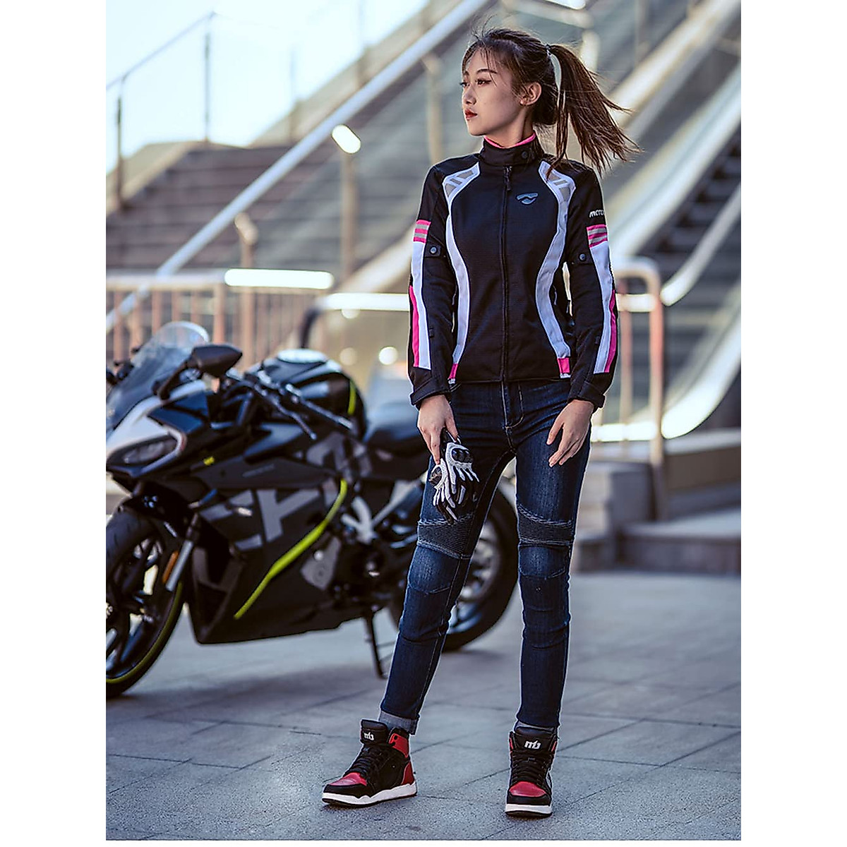 DUHAN Women's Motorcycle Jacket Summer Breathable Motorbike Moto Jacket Riding Ladies Clothing with removable protective gear (Pink, X-Large)