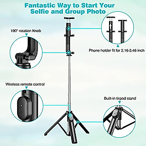 Selfie Stick, Extendable Selfie Stick Tripod with Wireless Remote, Portable Phone Tripod Stand for Group Selfie/Live Streaming/Video Recording Compatible with All Cellphone, Compact Size & Lightweight
