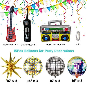 80s 90s Party Decorations, 15Pcs Disco Ball Balloons Gold Explosion Star Foil Balloons Inflatable Boom Box Guitar Mobile Phone Balloons for 80s 90s Hip Hop Theme Birthday Party Decor Supplies