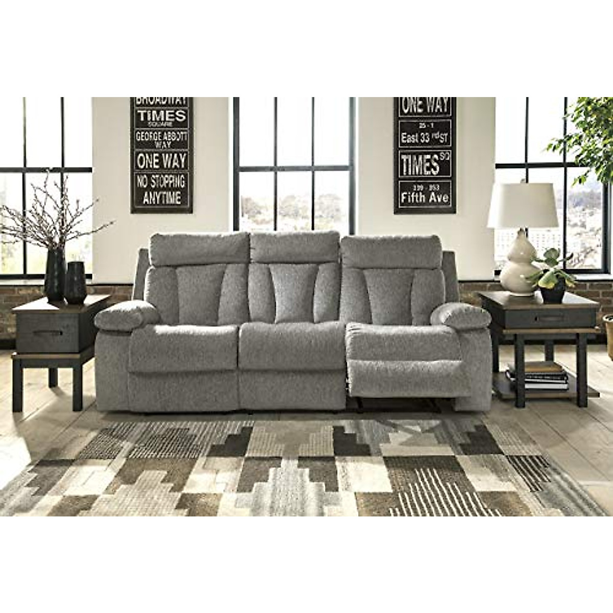 Signature Design by Ashley Mitchiner Contemporary Manual Reclining Sofa with Center Drop Down & Cup Holders, Gray