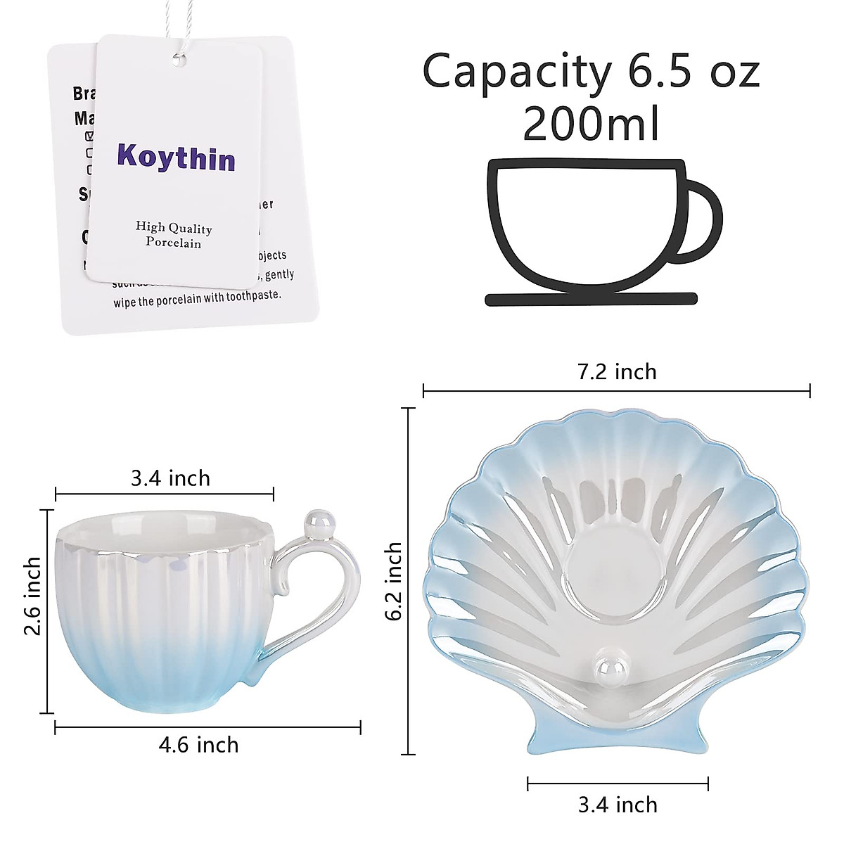Koythin Ceramic Coffee Mug with Saucer, Creative Pearl Shell Cup, Cute Coffee Mugs for Office and Home, 6.5 oz/200 ml for Tea Latte Milk (Gradient Blue)