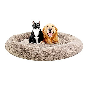 Bonteck Calming Dog Beds for Small Medium Large Dogs - Round Donut Machine Washable Dog Bed, Anti-Slip Faux Fur Fluffy Donut Cuddler Cat Bed, Multiple Sizes S-XL