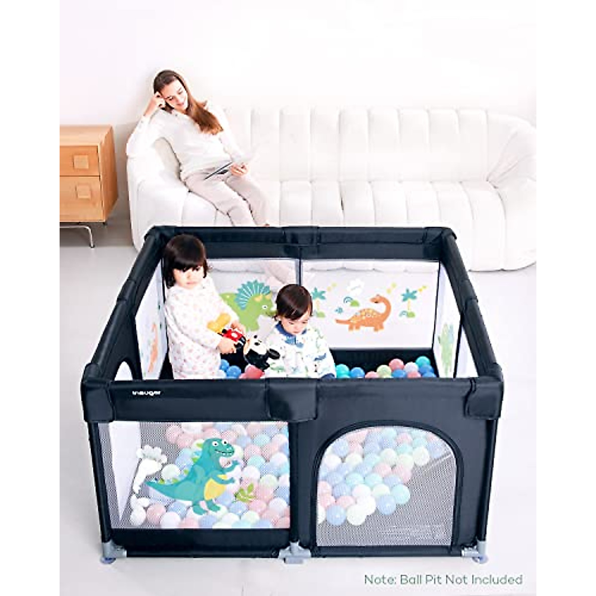 Baby Playpen Play Yard Sturdy, Insugar Playpen for Babies and Toddlers, Portable Small Baby Fence, Safe Play Area with Gate, Breathable Mesh, Dinosaur Printed, BPA-Free, Non-Toxic, Black, 47"x47"x27"