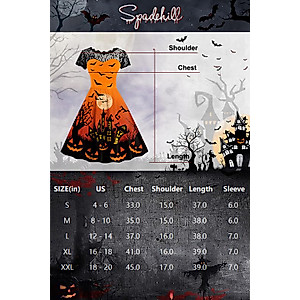 Spadehill Women Halloween Swing Party Costume Vintage Lace Sleeves Pumpkin Bat Witch Dress Pumpkin Castle Orange S