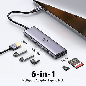 UGREEN USB C Hub 4K@60Hz, 6-in-1 Multiport Adapter with 3 USB 3.0/1 HDMI Ports, SD/TF Card Reader, USB C Dongle for Laptop Tablet iPad MacBook Pro Air Dell Samsung Mac Mini 2023
