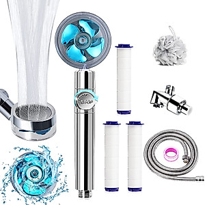 High Pressure Shower Heads, Handheld Turbo Fan Shower, Hydro Jet Shower Head Kit with Replacement Hose/Bracket/Cotton Filters and Bath Loofah, One Key Pause Switch 360 Degrees Rotating