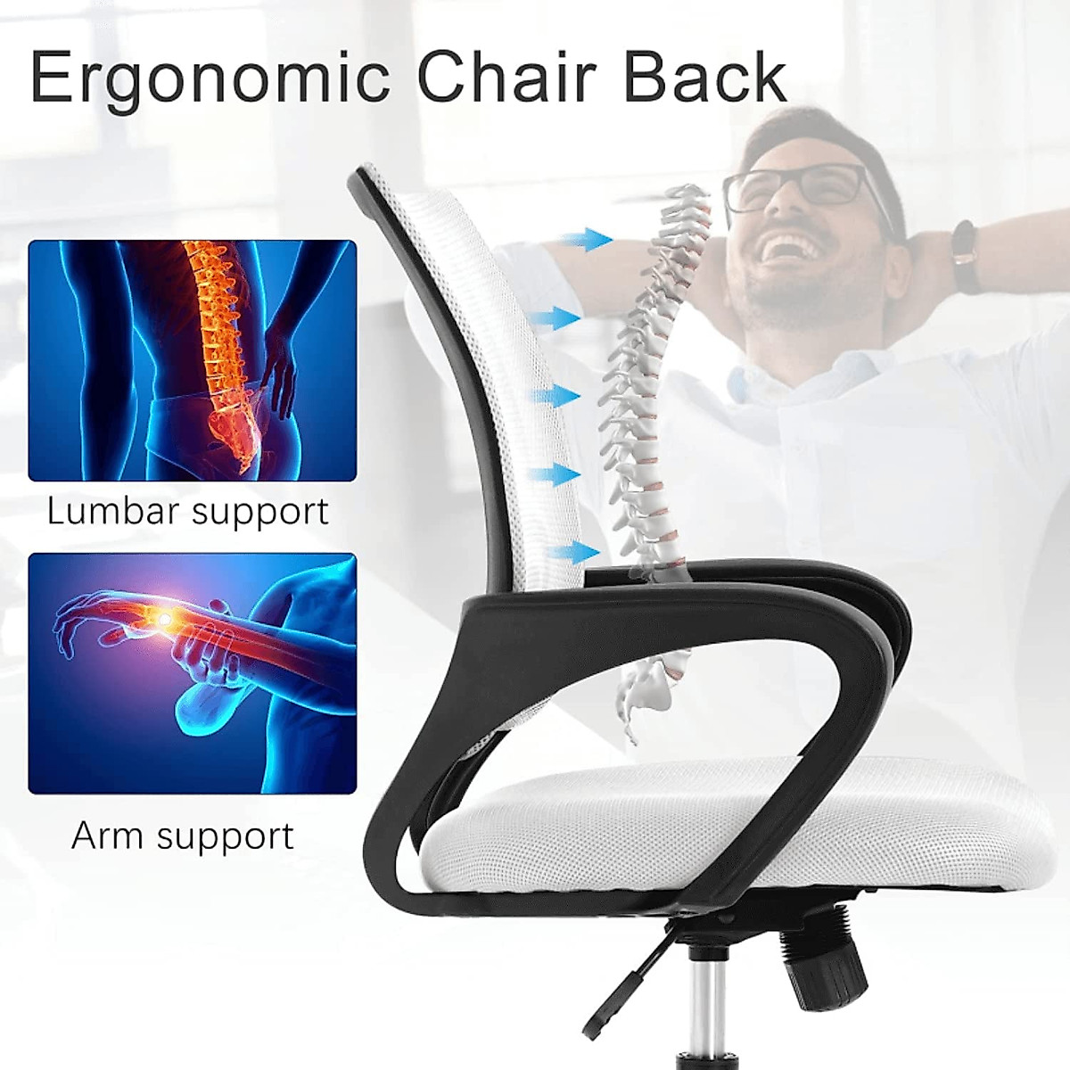 Ergonomic Office Chair Mesh Desk Chair, Computer Chair with Lumbar Support& Armrests, Adjustable Mid-Back Computer Desk Chair, Modern Executive Rolling Swivel for Women Adults, White