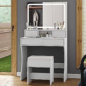 Yanosaku Vanity Desk with LED Lighted Mirror & Power Outlet, Makeup Table with Drawers, Makeup Table with Chair,Vanity Set 3 Lighting Modes Brightness Adjustable for Bedroom Studio