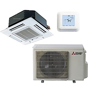 Mitsubishi 12,000 BTU 1 TON Four Way Ceiling Cassette Single Zone Mini Split System - SEER 22 AC & Heat Pump Ductless Ceiling Recessed Cool & Heat