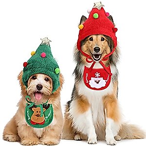 Lauwell 4 Pcs Christmas Dog Pet Costume Include 2 Christmas Tree Hat Small Dog Headgear and 2 Adjustable Collars Bib Santa Elf Cat Bib for Xmas Dog Cat Outfit Clothing Party Accessory