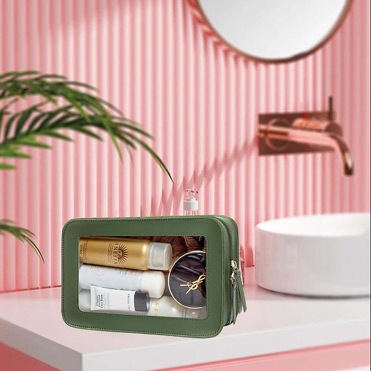 FFpaw Clear Makeup Bag Organizer, TSA Approved Portable Travel Toiletry Bag Clear Cosmetic Bag Case Small Make Up Bag Mini Makeup Pouch for Purse Transparent Car Essentials for Women Men (Green)