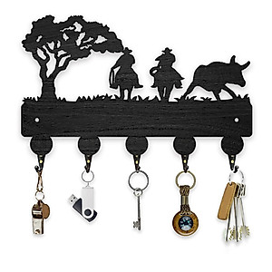 BEUNITONE Cowboy Wooden Key Holder for Wall Cow Coat Hooks Tree Wood Key Rack 11.8x7.9 Towel Display Hanger Wall Mounted with 5 Hooks and Screws for Entryway Front Door Kitchen Hallway Office