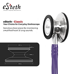 eSteth Classic Stethoscope - Sensitive Chest Piece for Monitoring Amplified Heart & Lung Sounds - Lightweight Design, Flexible Stethoscope Tubing - Extra Ear Tips & Non-Chill Ring - 32" Long, Purple