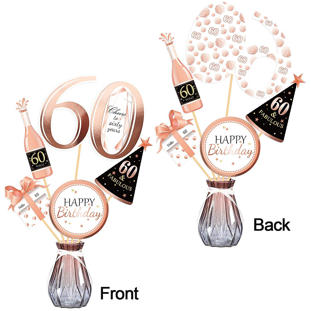 Konsait Rose Gold 60th Birthday Centerpiece Sticks-60th Birthday Table Toppers -Birthday Party Decorations Accessories-60 Fabulous -Bday Party Cheers to 60 Years Birthday Party Favor Supplies